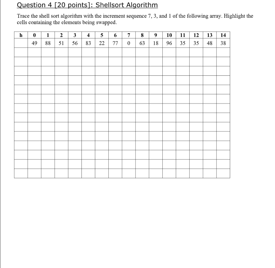 Solved Question 4 20 Points Shellsort Algorithm Trace The 4672