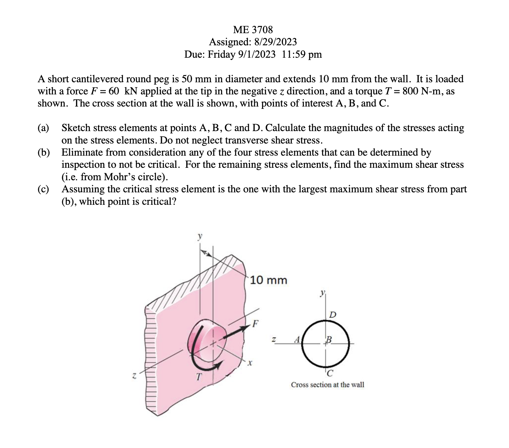 Solved A short cantilevered round peg is 50 mm in diameter | Chegg.com
