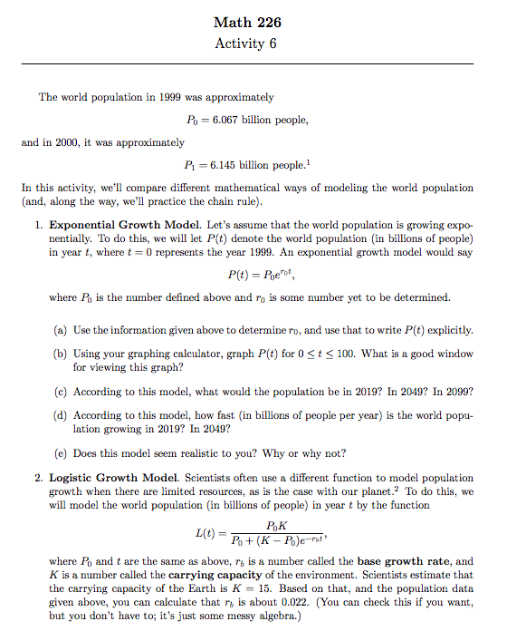 Solved Math 226 Activity 6 The world population in 1999 was | Chegg.com