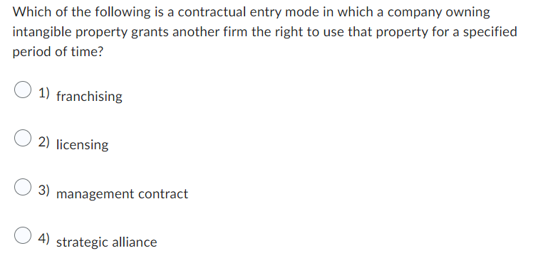 Solved Which of the following is a contractual entry mode in | Chegg.com