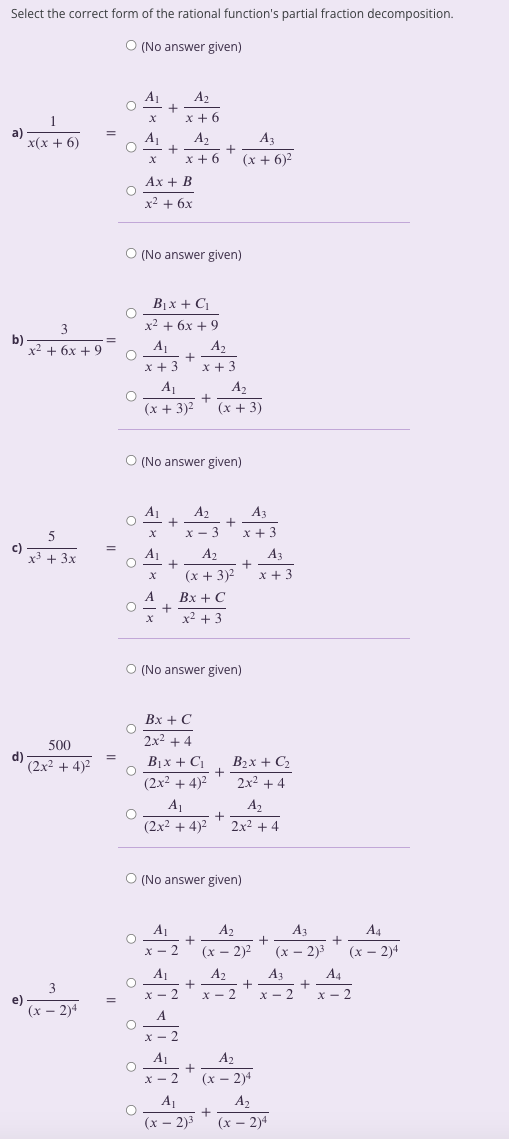 Solved Select the correct form of the rational function's | Chegg.com