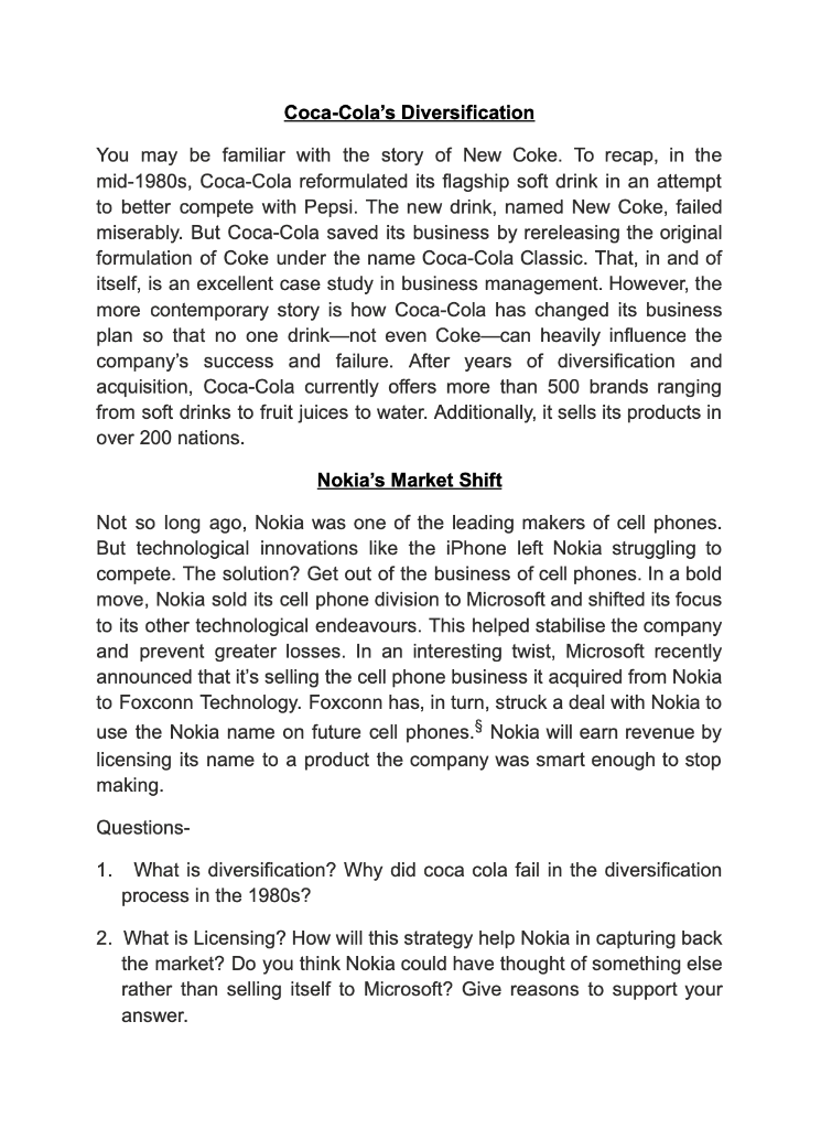 Solved Coca-Cola's Diversification You may be familiar with | Chegg.com