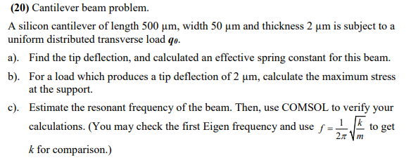 Solved (20) Cantilever beam problem. A silicon cantilever of | Chegg.com