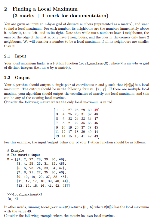 USE PYTHON Build local_maximum(M) Function. Time | Chegg.com