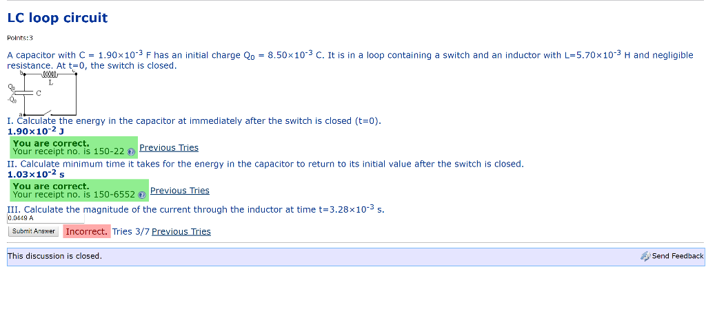 Solved LC loop circuit Polnts:3 A capacitor with C = 1.90 | Chegg.com