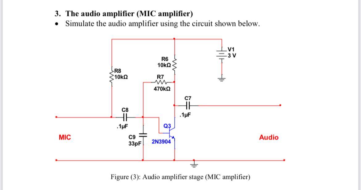 Solved 3. The audio amplifier (MIC amplifier) • Simulate the | Chegg.com