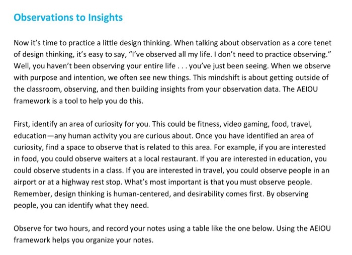 Solved OBSERVATION WORKSHEET AEIOU FRAMEWORK Activities What | Chegg.com