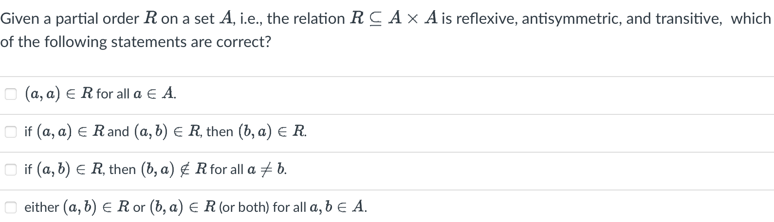 Solved Given a partial order R ﻿on a set A, ﻿i.e., ﻿the | Chegg.com