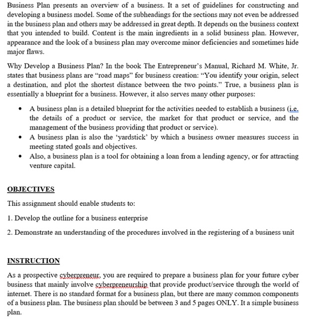 Solved Business Plan presents an overview of a business. It | Chegg.com