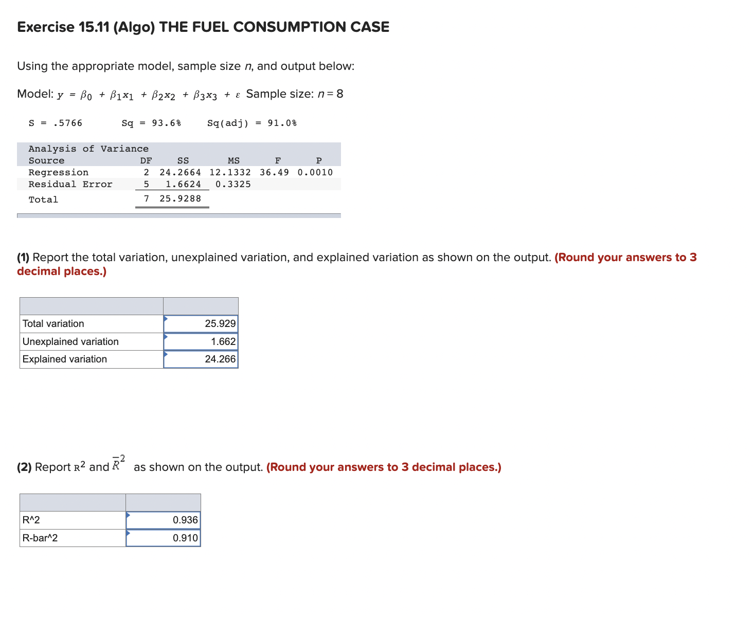 Solved Exercise 15.11 (Algo) THE FUEL CONSUMPTION CASE Using | Chegg.com