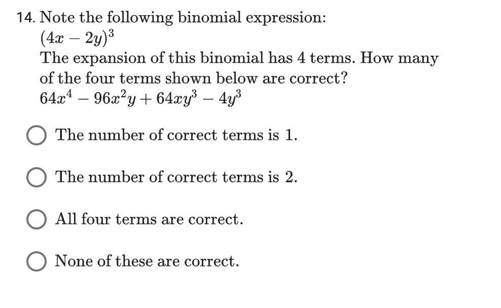 Solved 4. Note the following binomial expression: (4x−2y)3 | Chegg.com