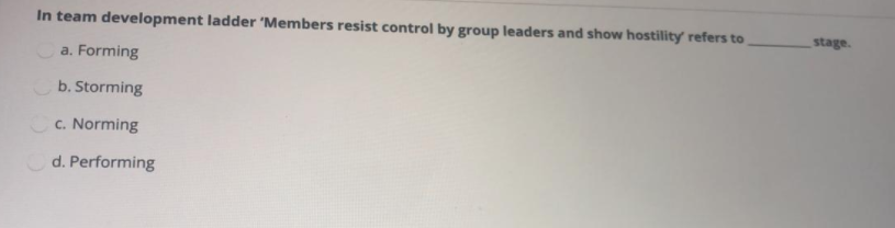 Solved In team development ladder 'Members resist control by | Chegg.com