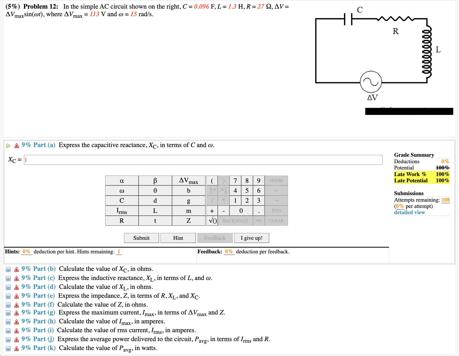 Solved (5\\%) Problem 12: In the simple AC circuit shown on | Chegg.com