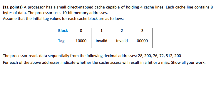 Solved (11 points) A processor has a small direct-mapped | Chegg.com