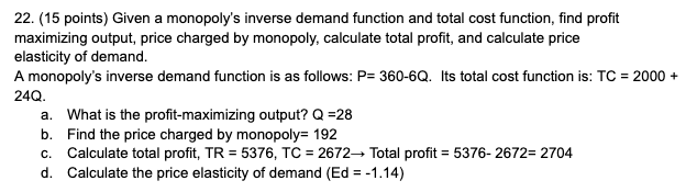 Solved 22. (15 points) Given a monopoly's inverse demand | Chegg.com