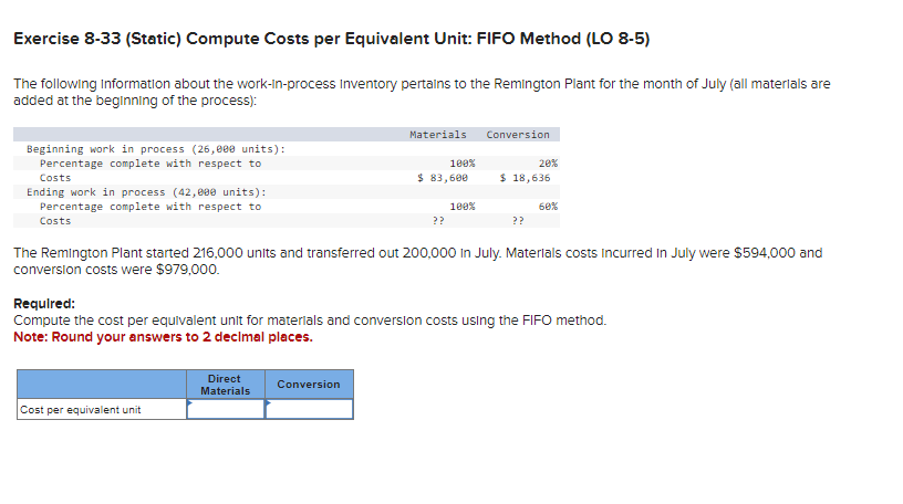 Solved Exercise 8-33 (Static) ﻿Compute Costs per Equivalent | Chegg.com
