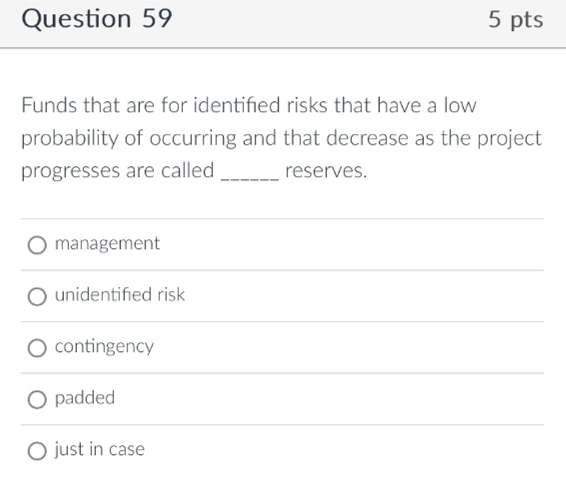 Solved Question 59Funds that are for identified risks that | Chegg.com