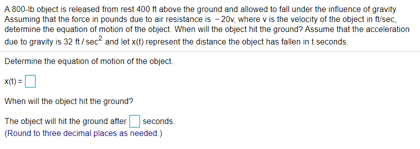 Solved A 800-lb object is released from rest 400 ft above | Chegg.com