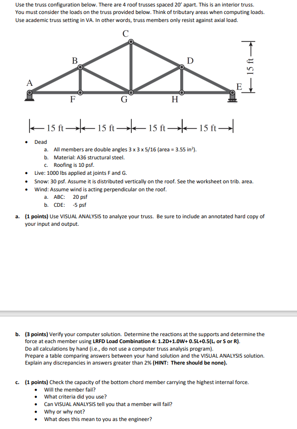 Solved Use the truss configuration below. There are 4 roof | Chegg.com