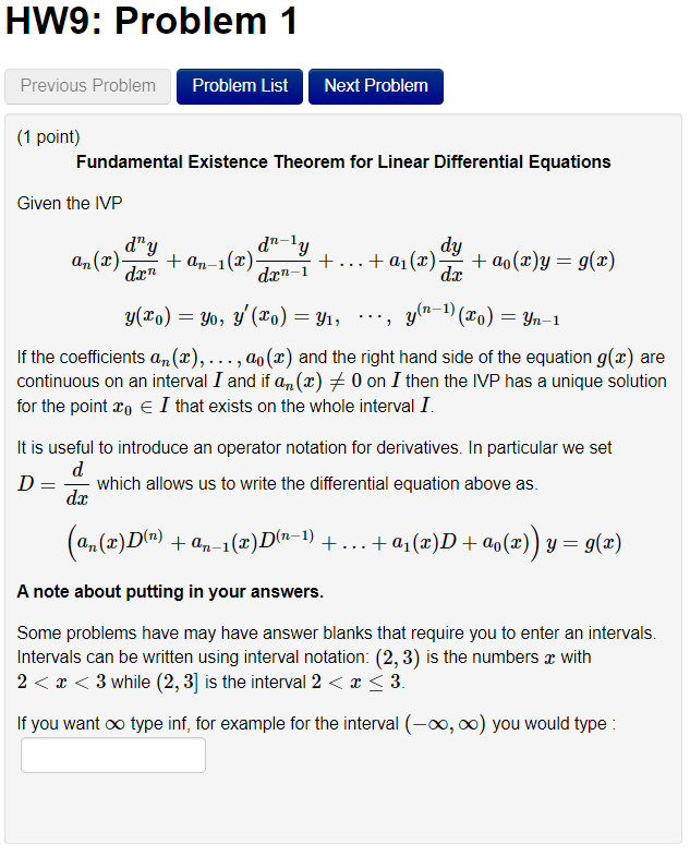 Solved (1 point) Fundamental Existence Theorem for Linear | Chegg.com
