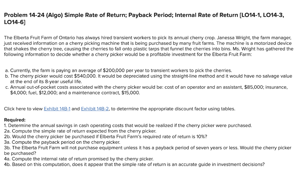 Solved Problem 14-24 (Algo) Simple Rate of Return; Payback | Chegg.com
