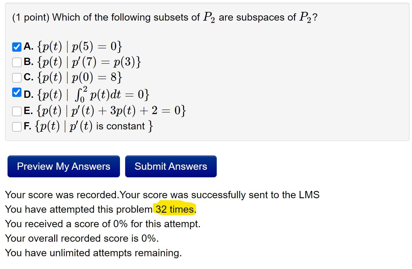 Solved (1 point) Which of the following subsets of P2 are | Chegg.com