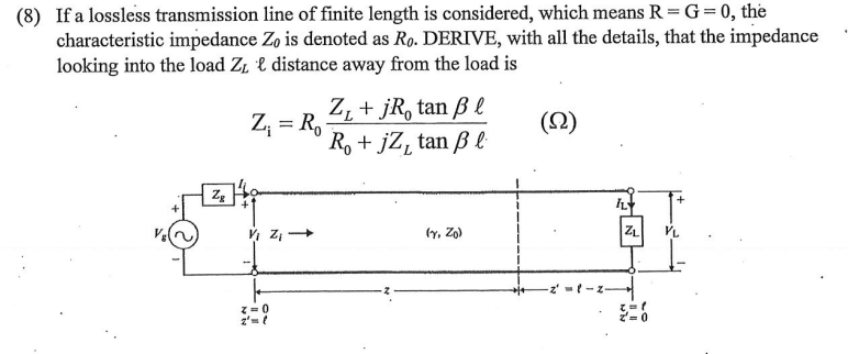 Solved (8) If a lossless transmission line of finite length | Chegg.com