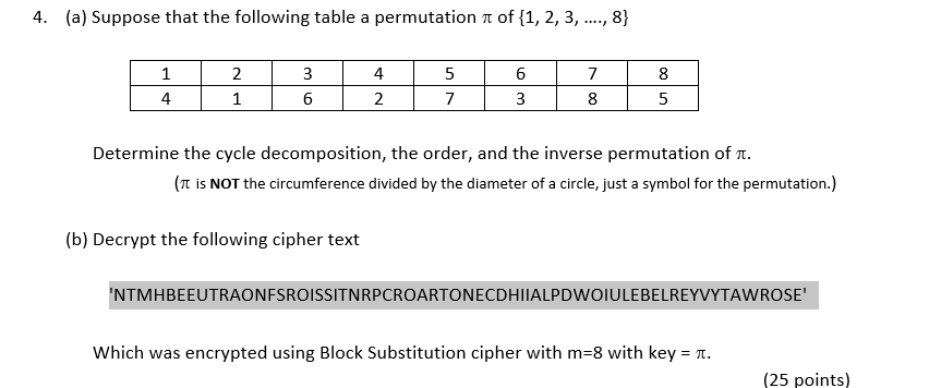 (a) Suppose that the following table a permutation π | Chegg.com