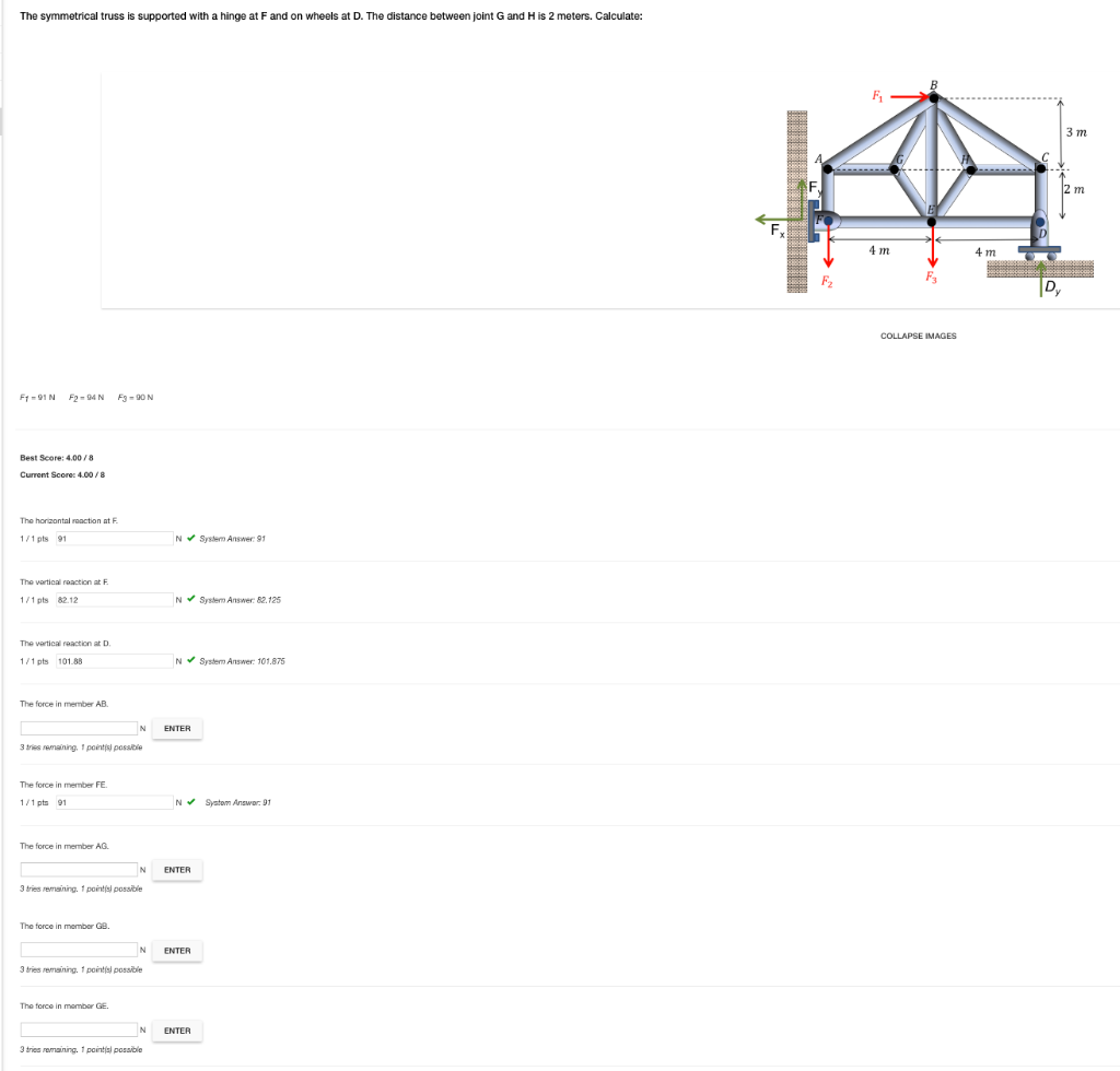 Solved The symmetrical truss is supported with a hinge at F | Chegg.com