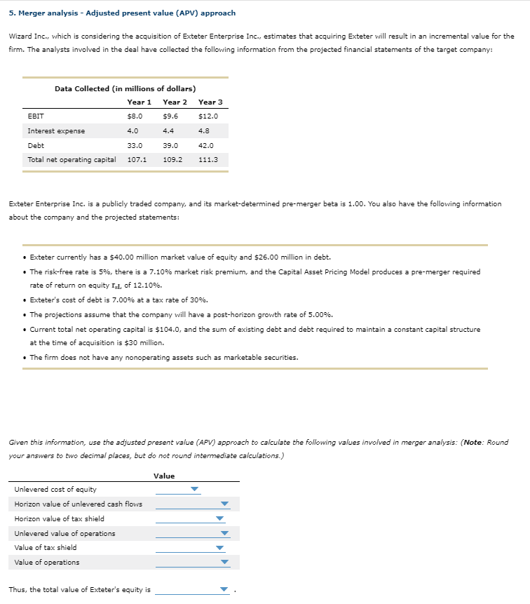5. Merger analysis - Adjusted present value (APV) | Chegg.com