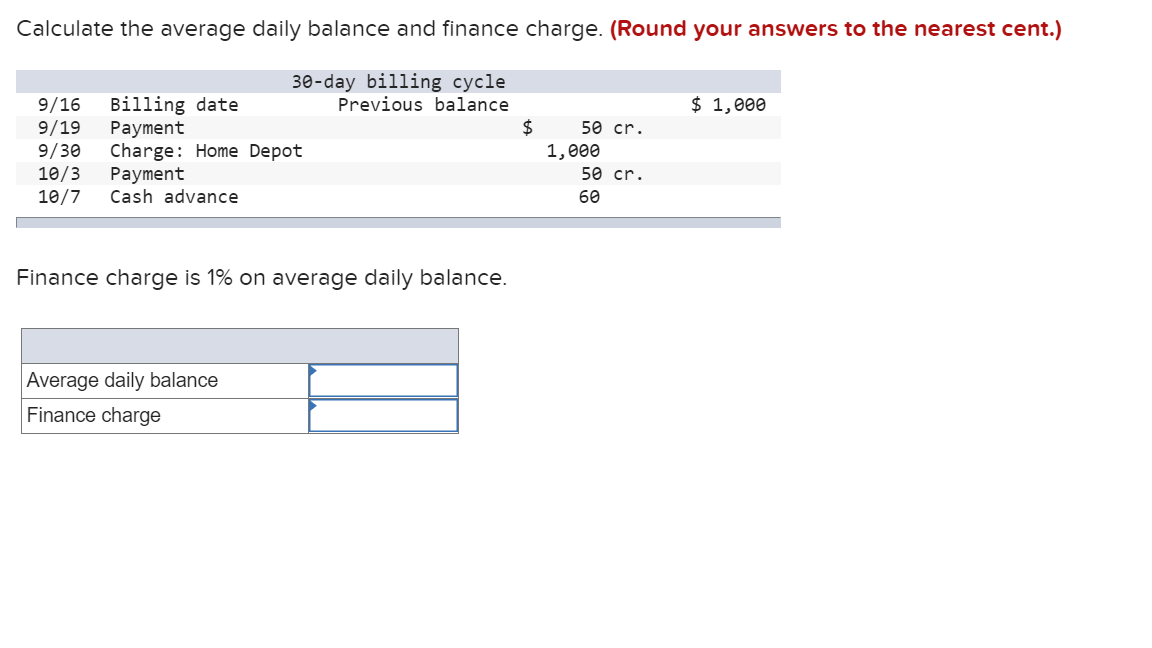 Solved Calculate the average daily balance and finance | Chegg.com