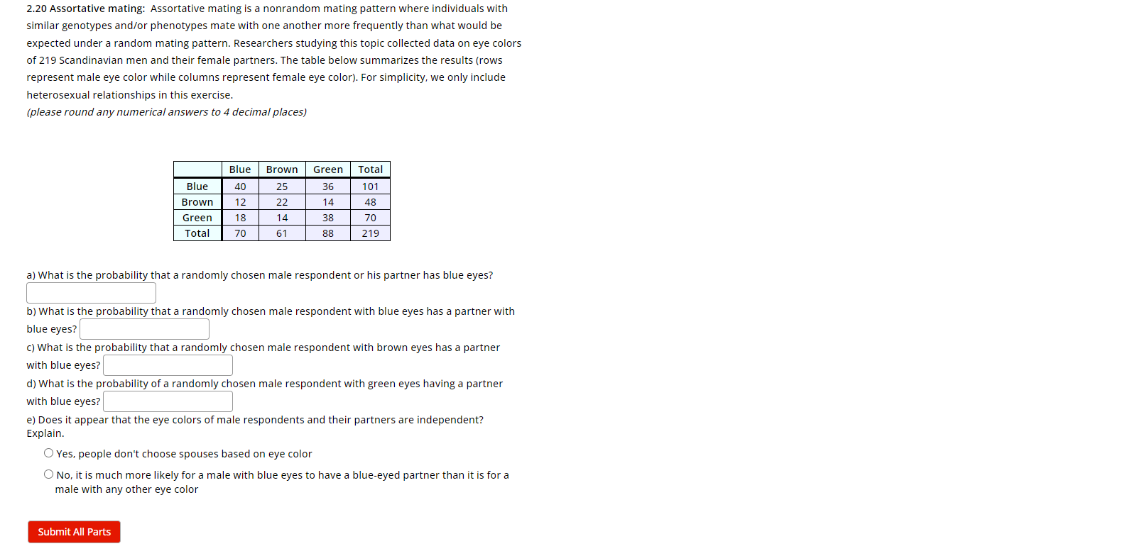 Solved 2.20 Assortative mating: Assortative mating is a | Chegg.com