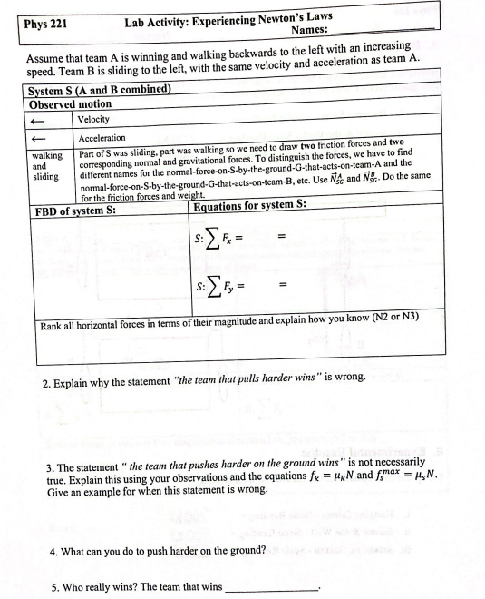 Phys 221 Lab Activity: Experiencing Newton's Laws | Chegg.com