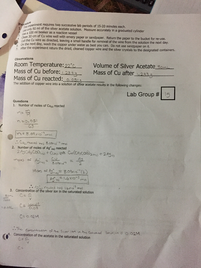 Solved The Solubility Product of Silver Acetate Lab Write-up | Chegg.com