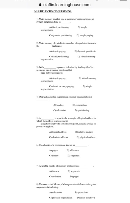 Solved Chapter 7-Memory Management LESIONS: T F 1) In a | Chegg.com