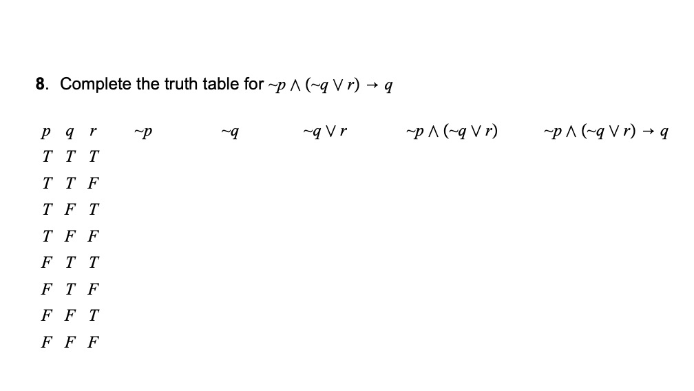 Solved 8. Complete the truth table for ∼p∧(∼q∨r)→q | Chegg.com