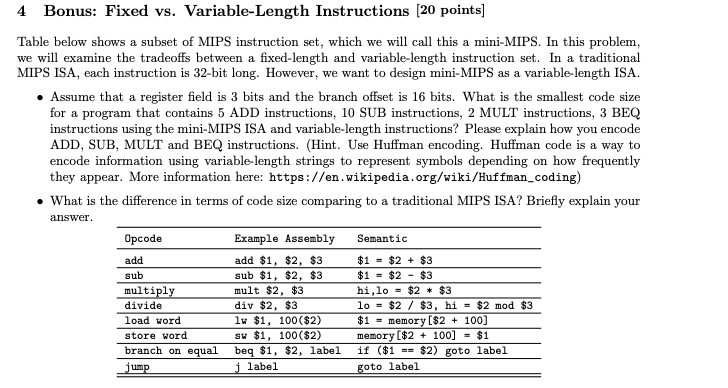 4 Bonus: Fixed vs. Variable-Length Instructions (20 | Chegg.com