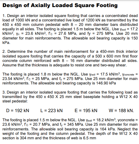 Solved Design of Axially Loaded Square Footing 1. Design an | Chegg.com
