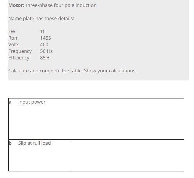 Solved Motor: three-phase four pole induction Name plate has | Chegg.com