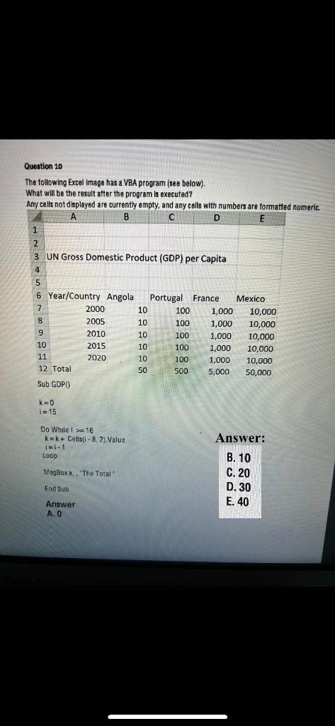 Solved ion 10 The Following Excel Image Has A VBA Chegg