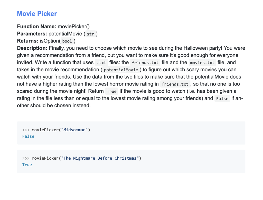 Solved Function Name: moviePicker() Parameters: | Chegg.com