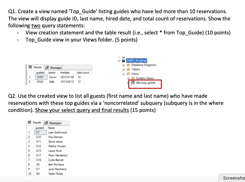 Q1. Create a view named 'Top_Guide' listing guides | Chegg.com
