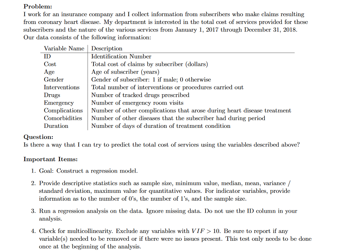 Solved Problem: I work for an insurance company and I | Chegg.com