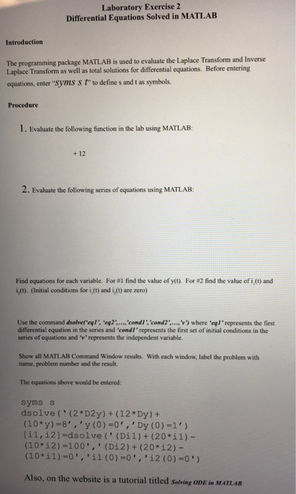Laboratory Exercise 2 Laplace and Inverse Laplace | Chegg.com