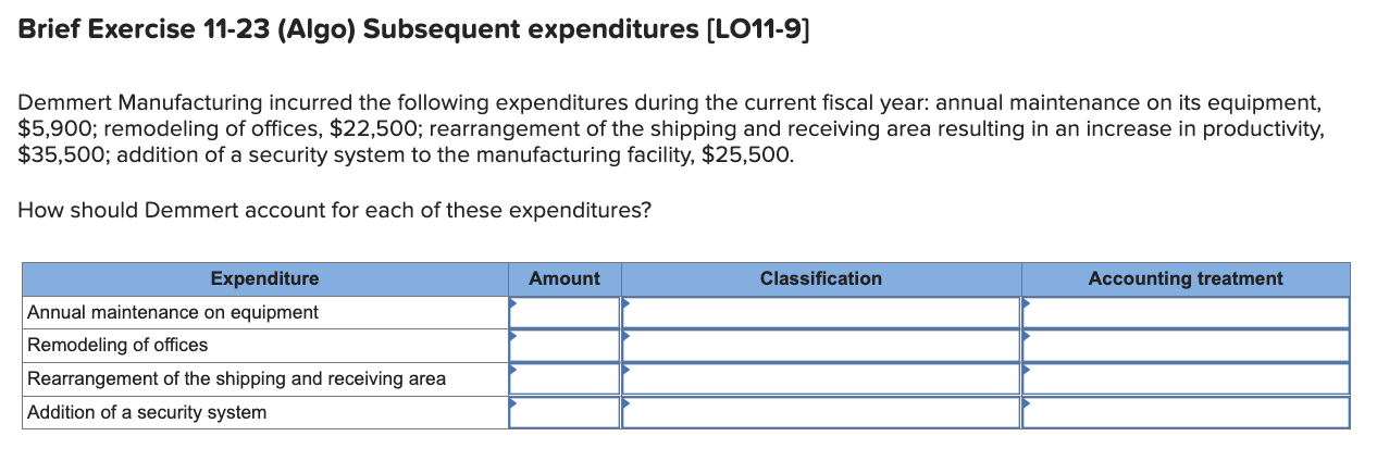 Solved Brief Exercise 11-23 (Algo) Subsequent expenditures | Chegg.com Solved Brief Exercise 11-23 (Algo) Subsequent expenditures | Chegg.com