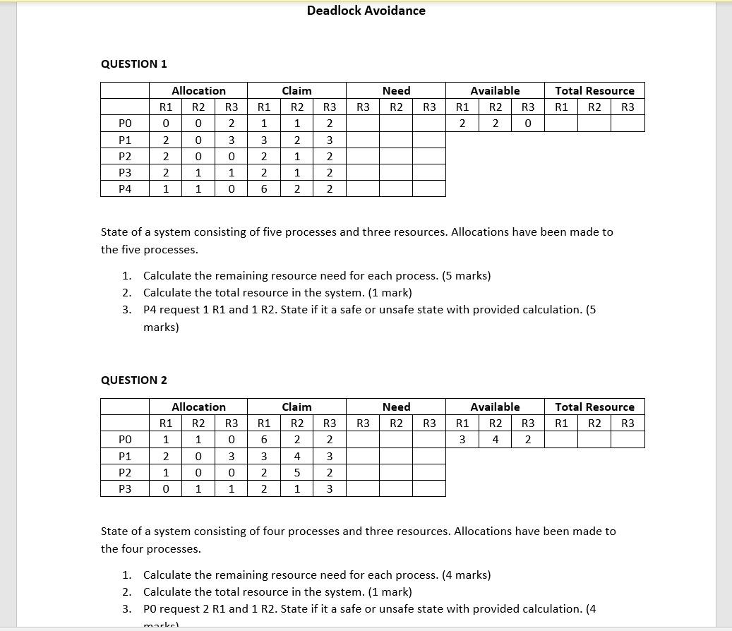 Solved Deadlock Avoidance QUESTION 1 Allocation R1 R2 R3 0 0 | Chegg.com