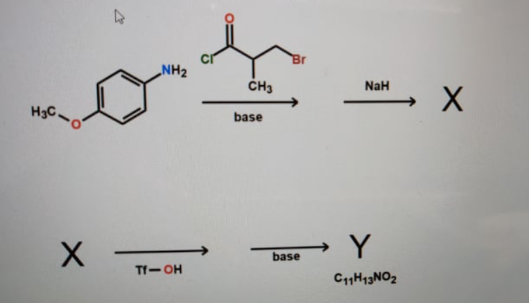 Solved Br NH2 CH3 Nан X H₃C-o base Х Y base Tf-OH C11H13 NO2 | Chegg.com