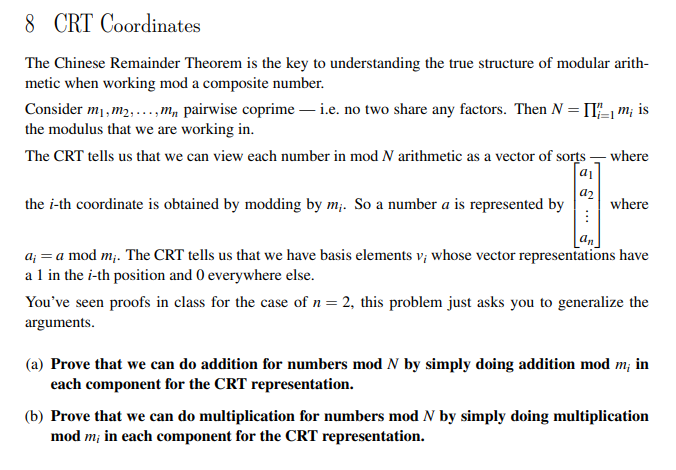 Solved 8 CRT Coordinates The Chinese Remainder Theorem is | Chegg.com