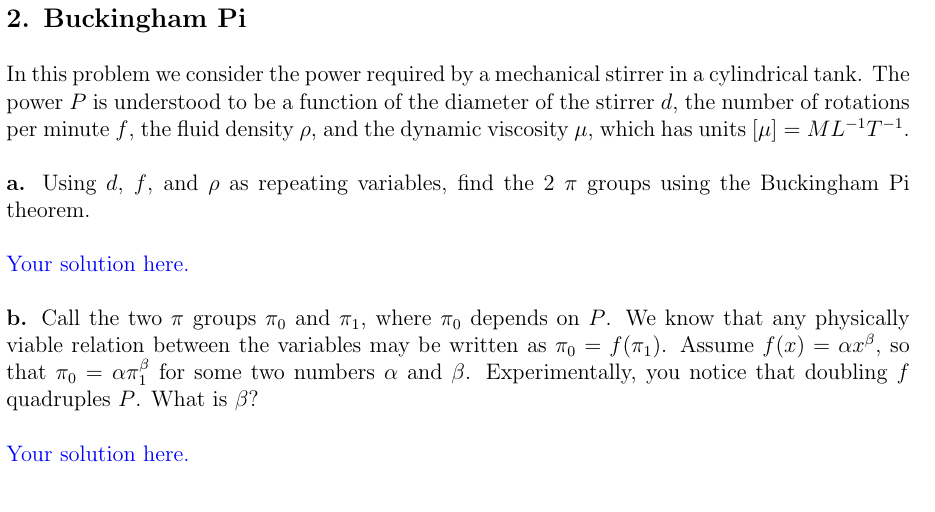 Solved 2. Buckingham Pi In this problem we consider the | Chegg.com
