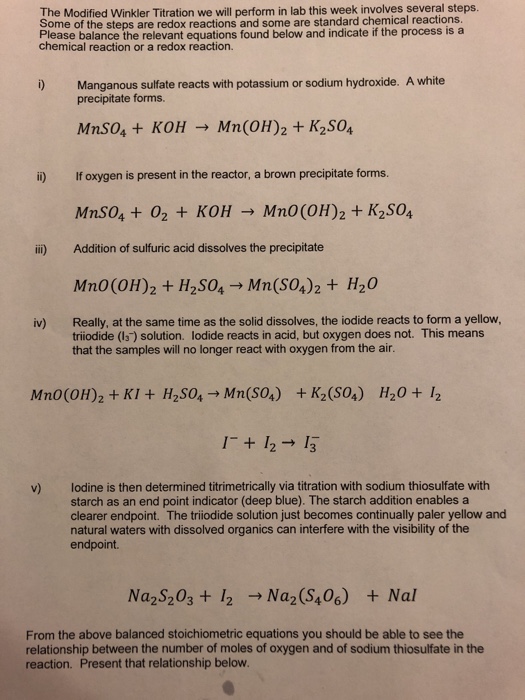 Solved The Modified Winkler Titration we will perform in lab | Chegg.com
